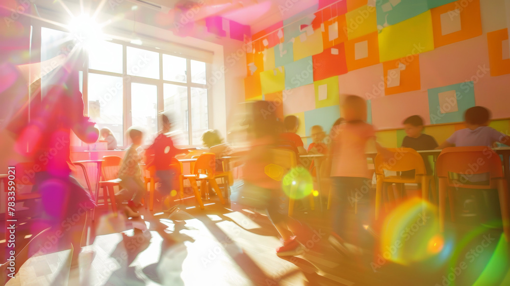 colorful primary classroom, children motion blur sun flare bight ...
