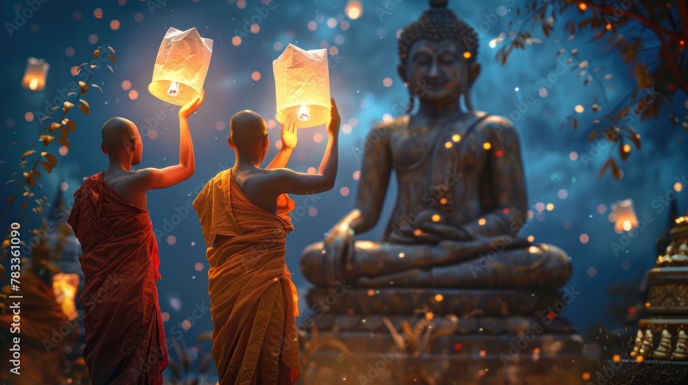 Monk Releasing Lantern During Vesak. A Buddhist monk releases a ...