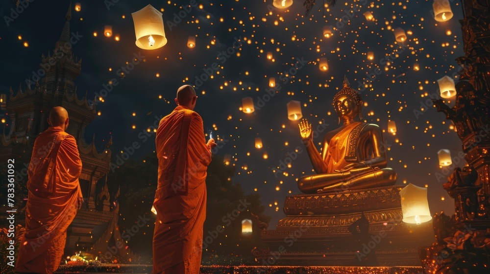 Monk Releasing Lantern During Vesak. A Buddhist monk releases a ...