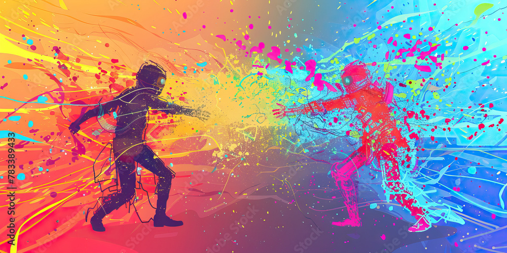 Binary Clash: Virtual Showdown. Digital avatars engaged in a binary ...