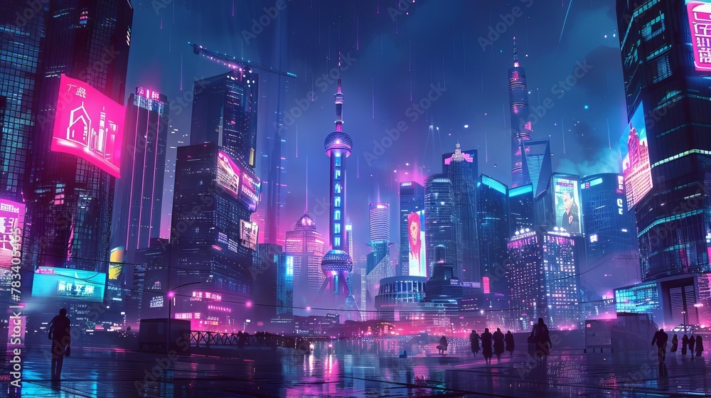 modern cyberpunk city skyline at night with neon lights and futuristic ...