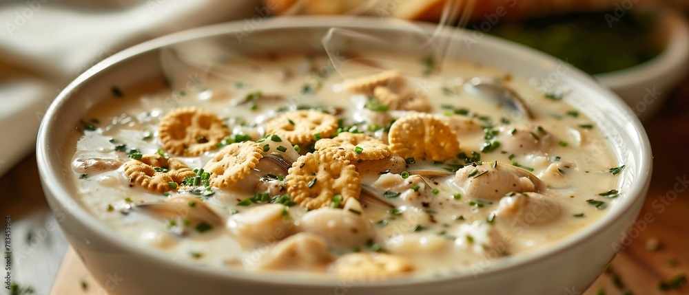 Clam chowder, close-up, oyster crackers on top, steam visible, cozy ...