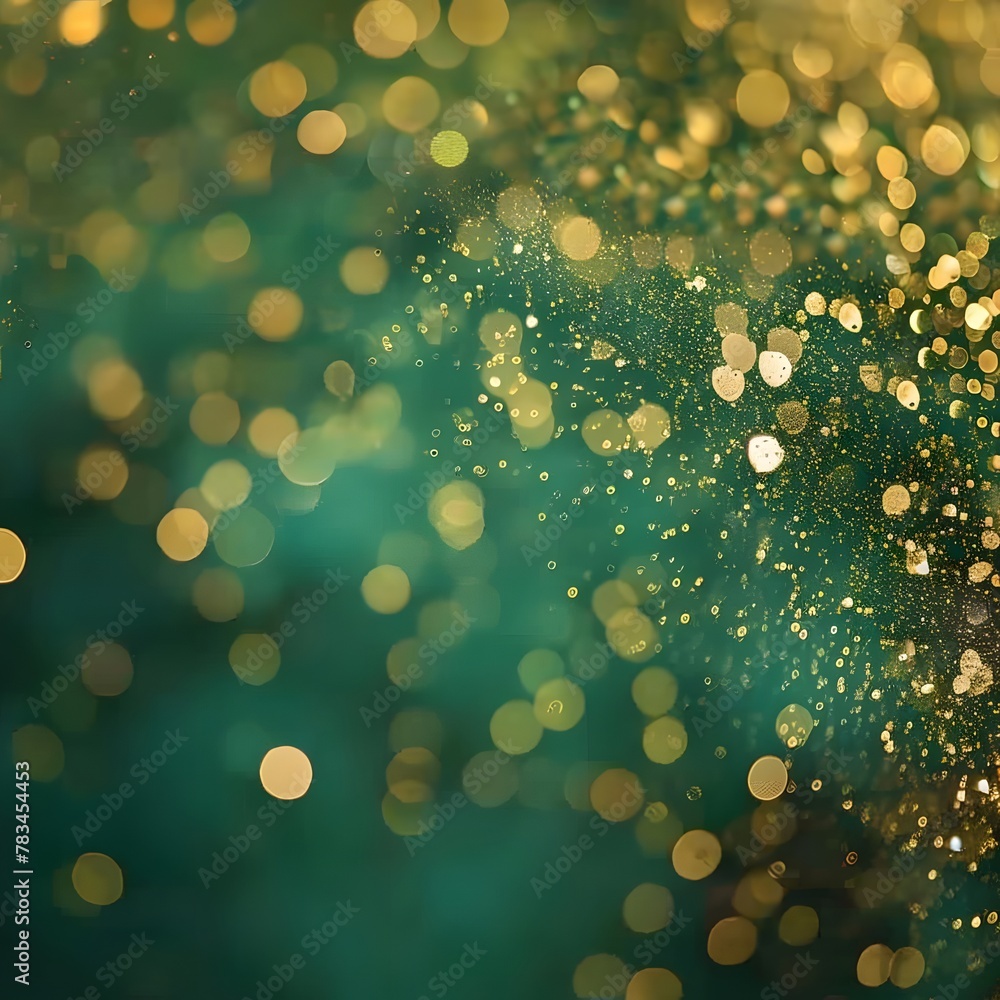 Abstract blurred banner background with defocused emerald green backdrop and gold bokeh elements ...