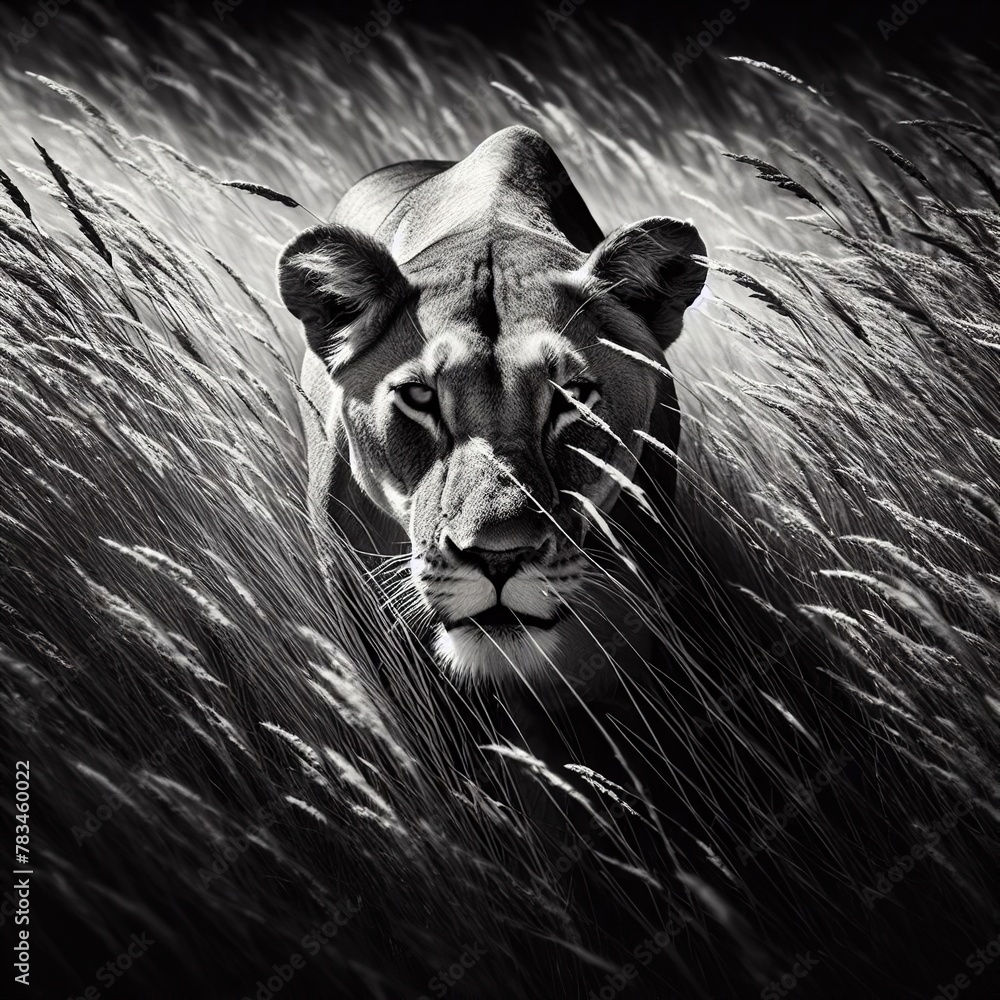 Photo Stock Black and white portrait of a lioness in tall grass. B&W ...