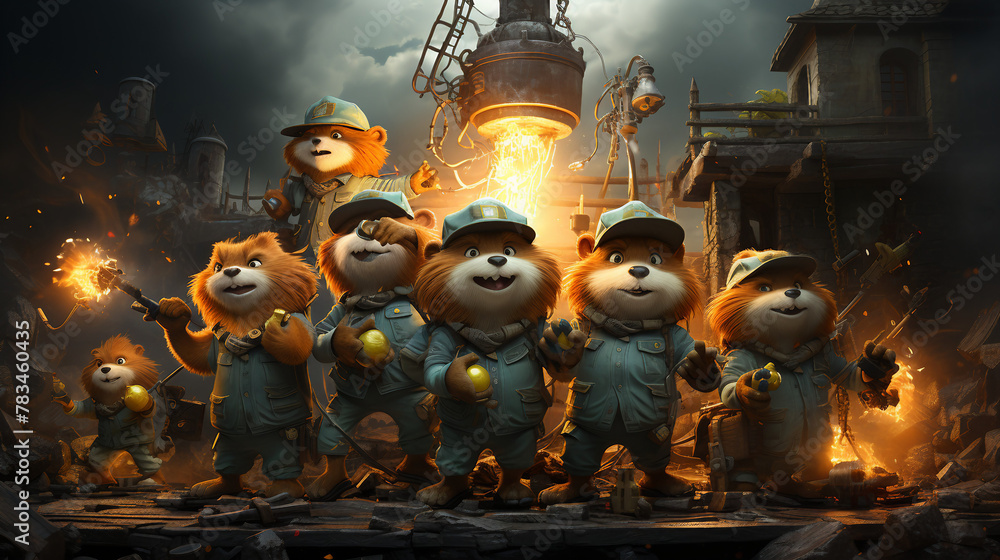 Illustrate the industrious scene of beavers constructing a dam, their ...