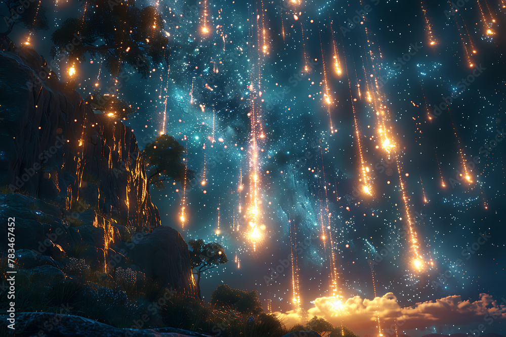 A mesmerizing starfall with falling stars streaking across the night ...