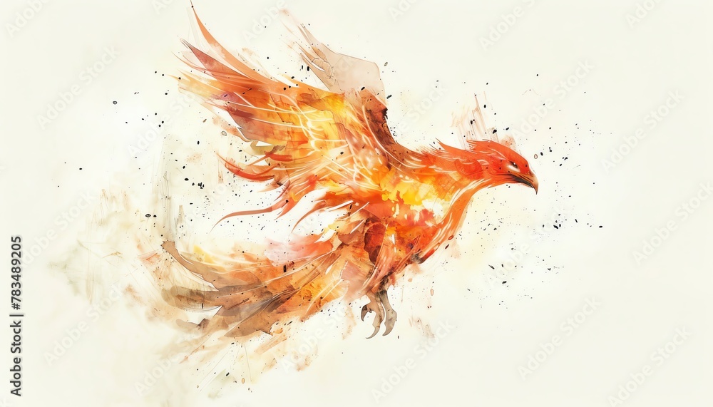 Illustrate a mysterious phoenix rising from its ashes in a minimalist ...