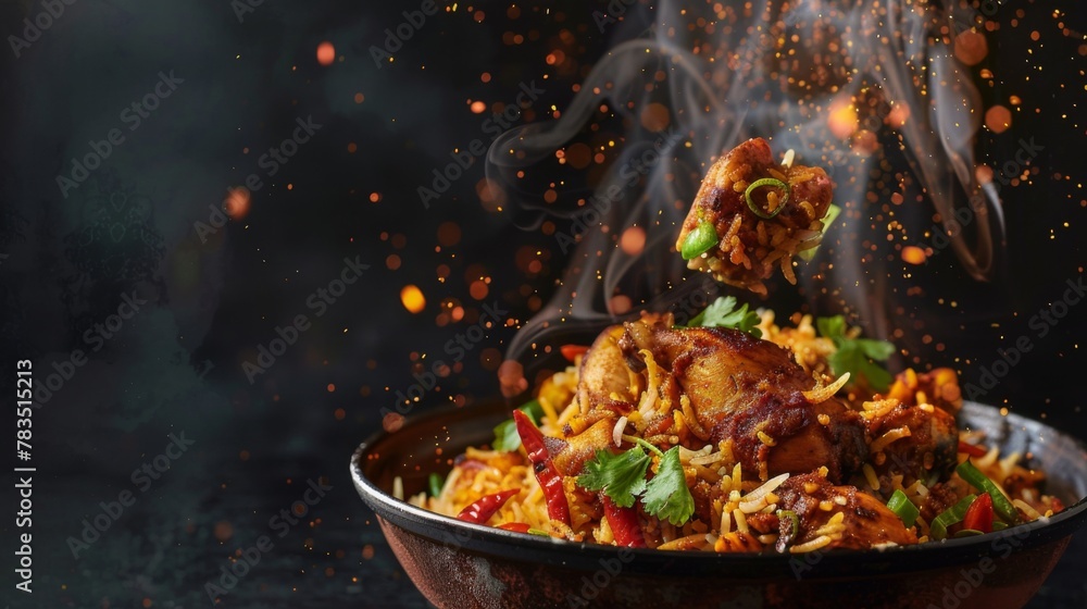 indian chicken biryani, Spicy chicken biryani food photography, flying ...