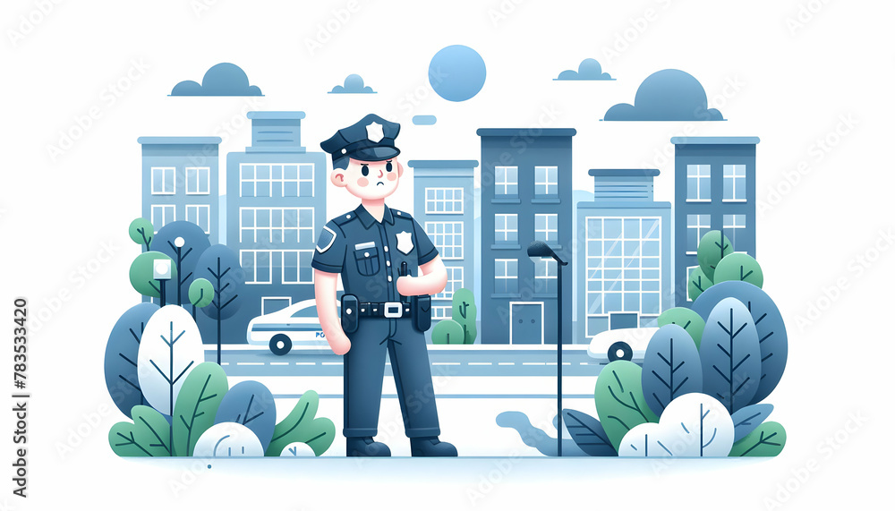 Flat vector illustration of urban patrol officer ensuring public safety ...