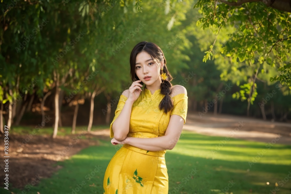 Elegant woman in a fashionable burmese traditional attire with padauk flower. Thingyan or ...