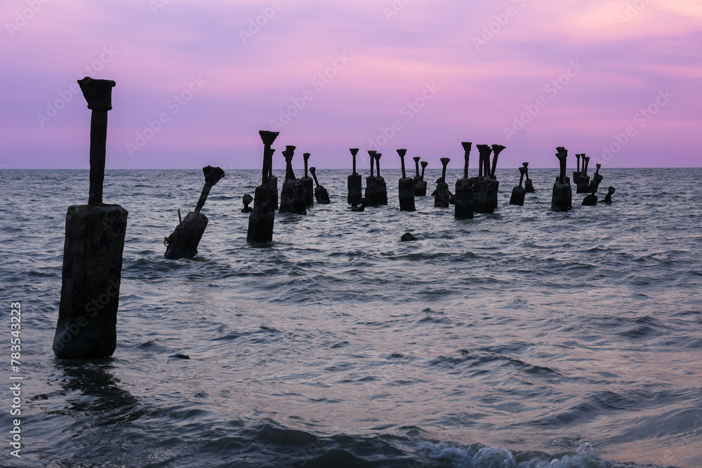 Old ruined sea piers in Calicut Kozhikode beach in Kerala India ...