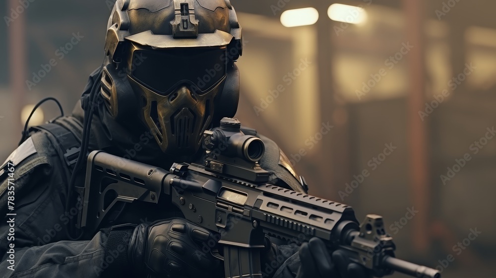 Detailed view of a fully geared soldier with a protective mask aiming ...