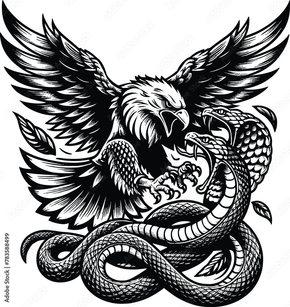 Bald eagle fighting a snake serpent, vector illustration. Stock Vector ...