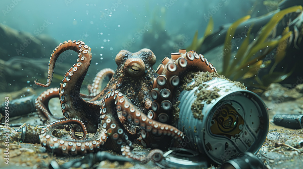 Octopus at the bottom of the underwater world and an iron can ...