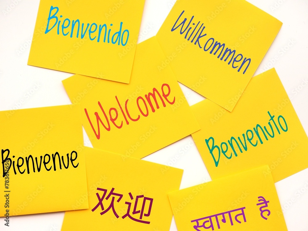 Colorful background with seven yellow sticky notes with the word ...