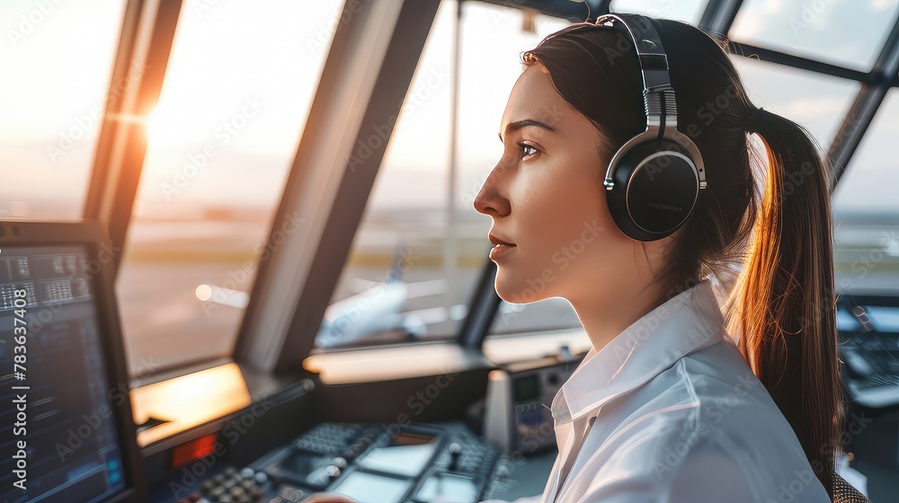 Female air traffic controller managing flights in a control tower. With ...
