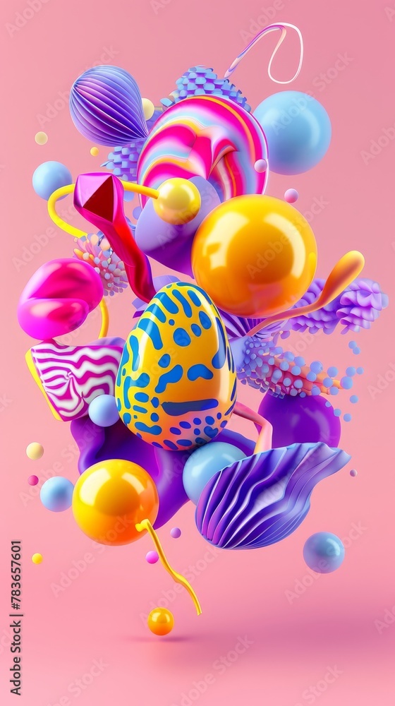 Vibrant and dynamic floating shapes in a psychedelic color scheme 3d style isolated flying ...