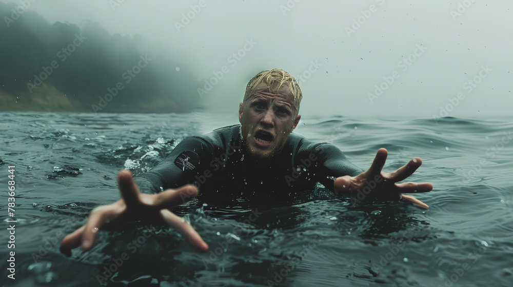 Drowning in deep water, screaming blonde-haired man reaching out his ...