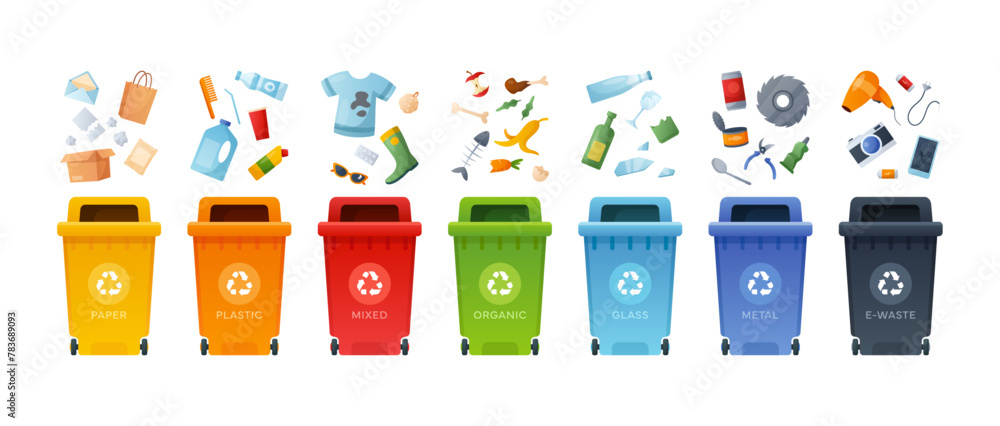 Waste segregation. Vector set of garbage containers and types of trash paper, plastic, metal ...