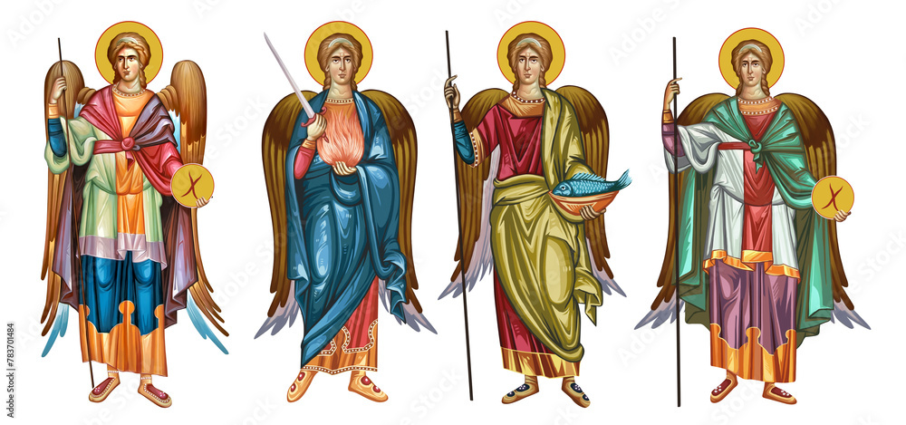 Four Archangels close God's throne. Four cardinal points. Archangel Gabriel, Uriel, Raphael and ...