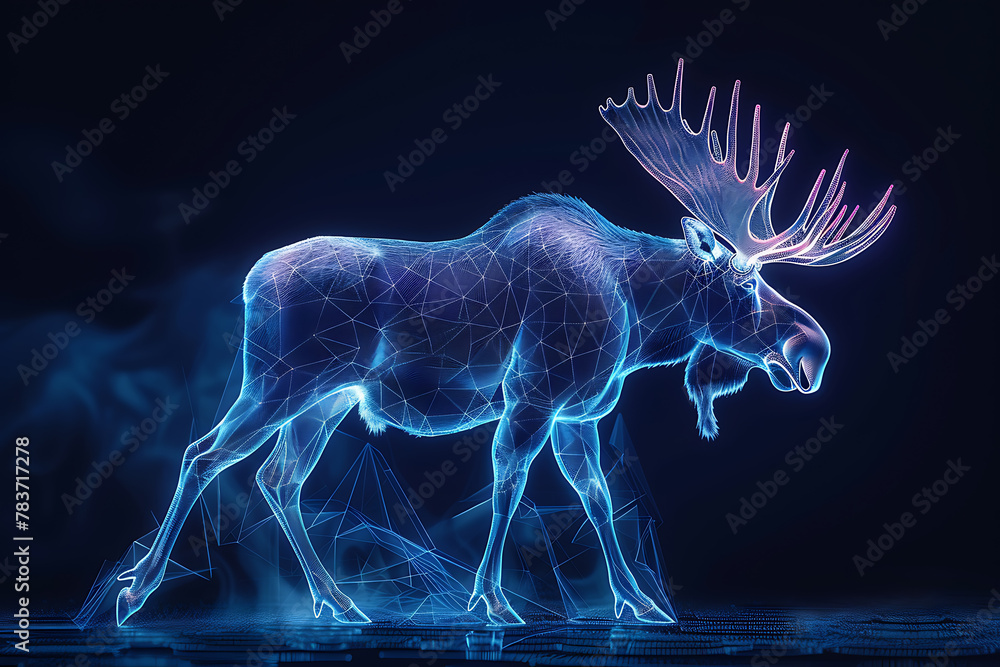 Intricate wireframe depiction of a moose on a dark blue background ...