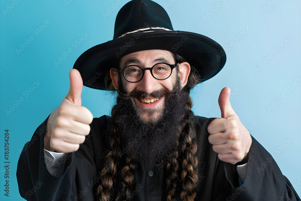 Portrait of orthodox cheerful jewish guy wearing black hat on blue ...