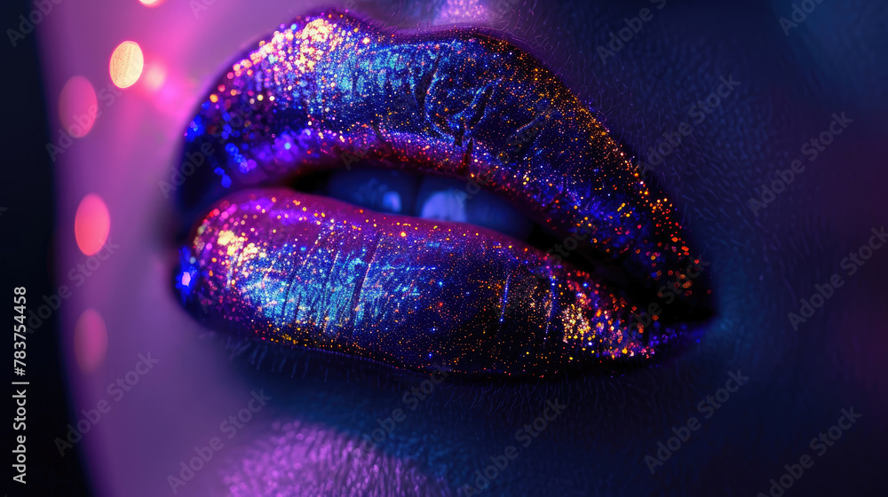 beautiful close-up woman's lips with sparkling purple gold ...
