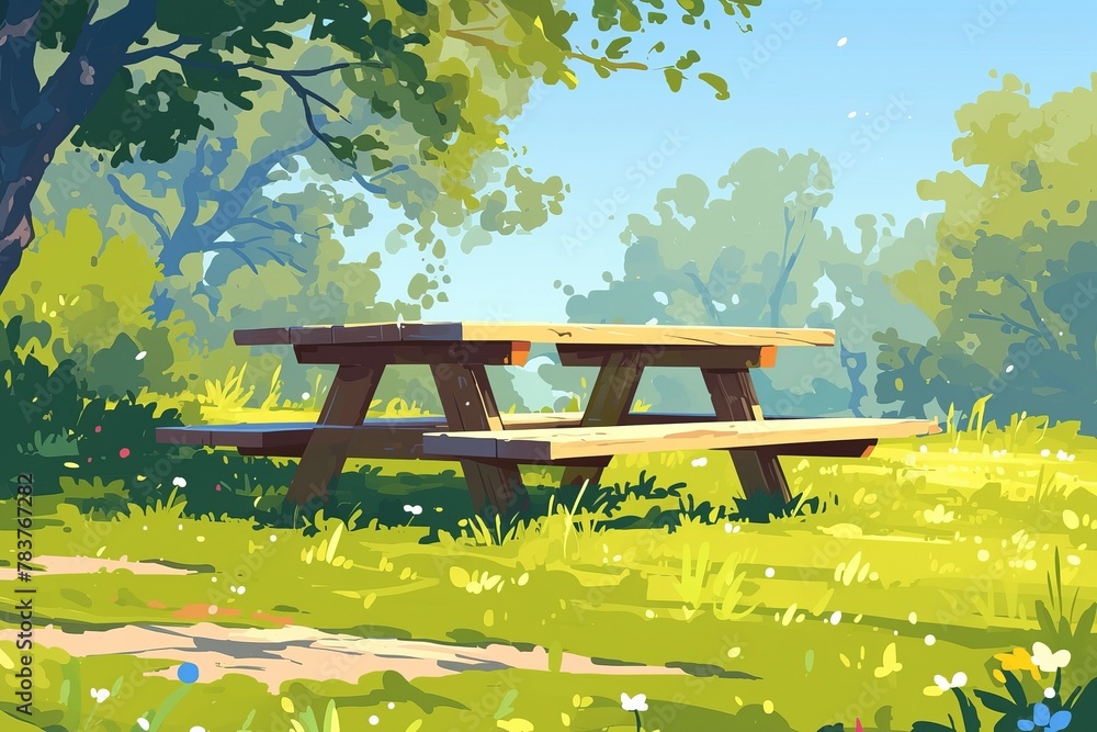 Picnic table, illustration, cartoon, background Stock Photo | Adobe Stock
