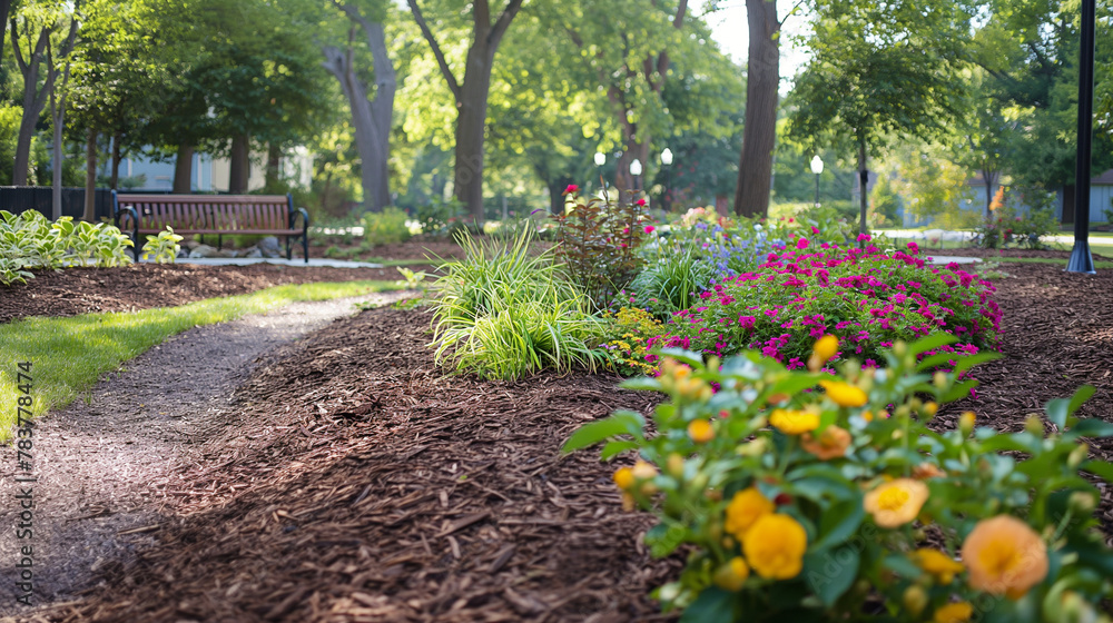 Landscaped park with mulch pathways and vibrant flower beds, wide shot ...