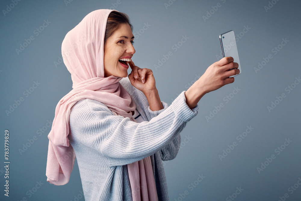 Islamic woman, selfie and influencer with smile, happiness and social ...
