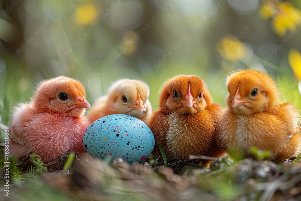 Four fuzzy baby chicks exploring their surroundings with natural ...