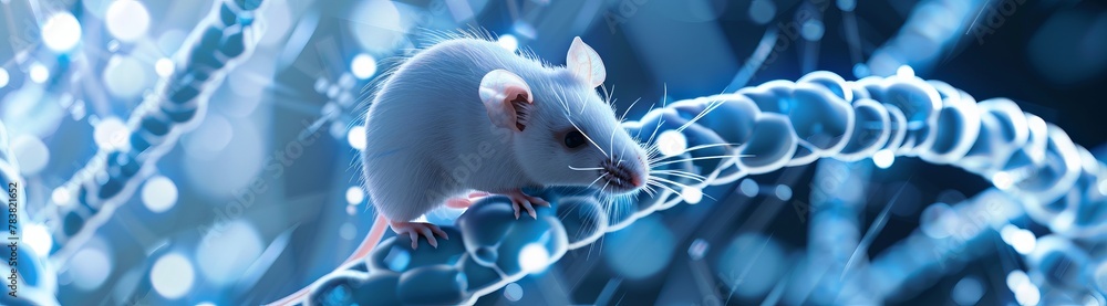A laboratory white mouse cautiously treads on a structure resembling ...