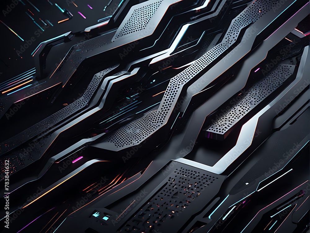 composition of futuristic, dark pieces against a background design of ...