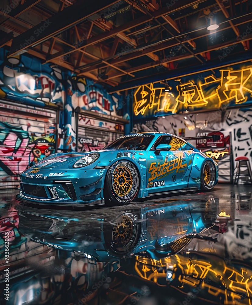 fast sports sky blue drift race car in a garage with graffitti wall art ...