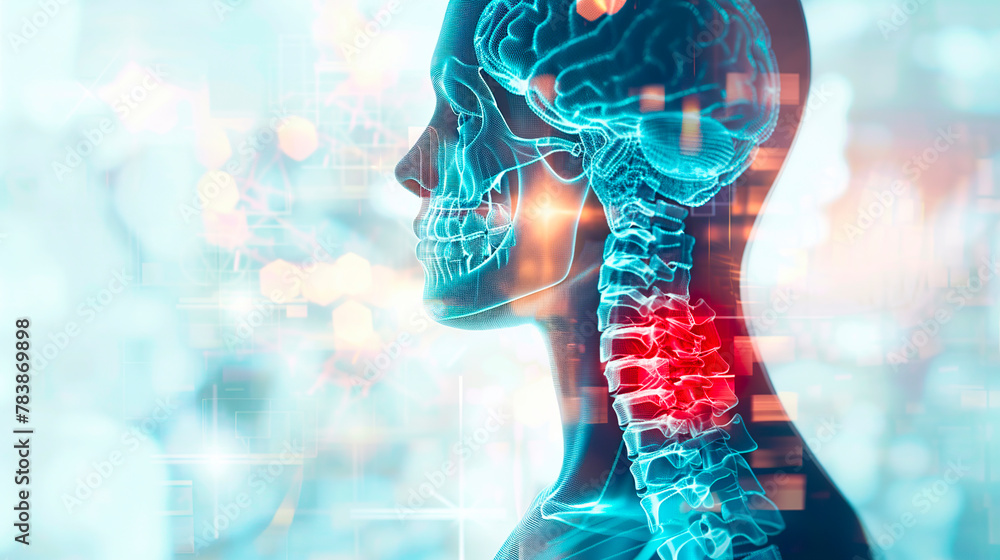 Medical illustration of a human head in X-rays. Bones of the skull and ...