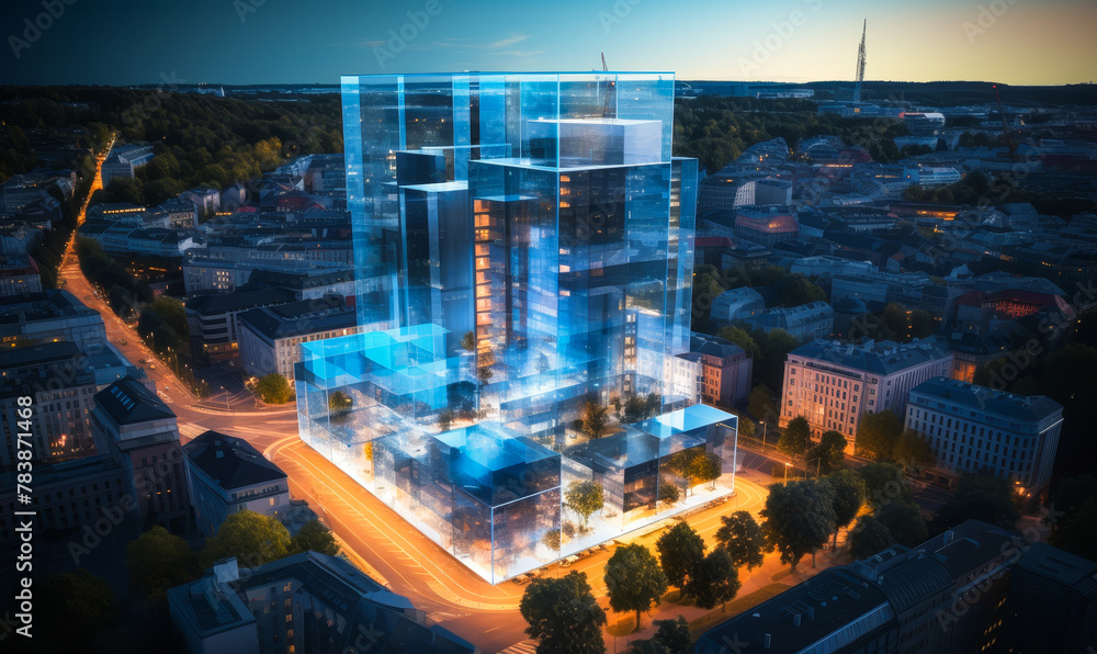 Futuristic Architectural Design Projection Overlay on City Block Under ...