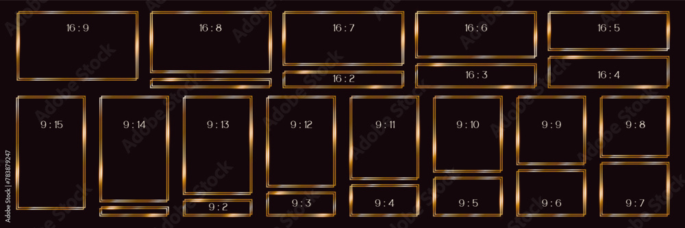set gold line frames of rectangular shape, thin luxury borders in art ...