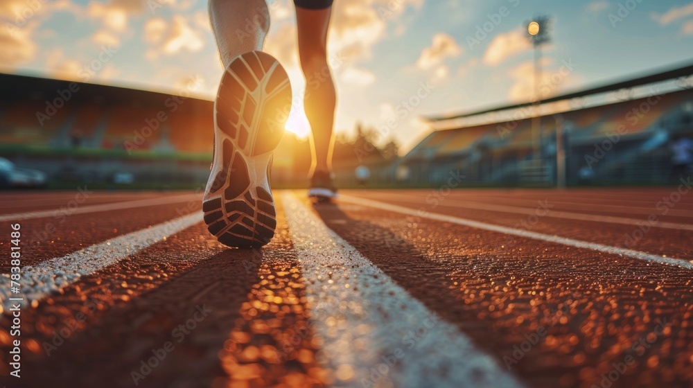 Close-up of the shoes of a woman running backwards on a running track ...