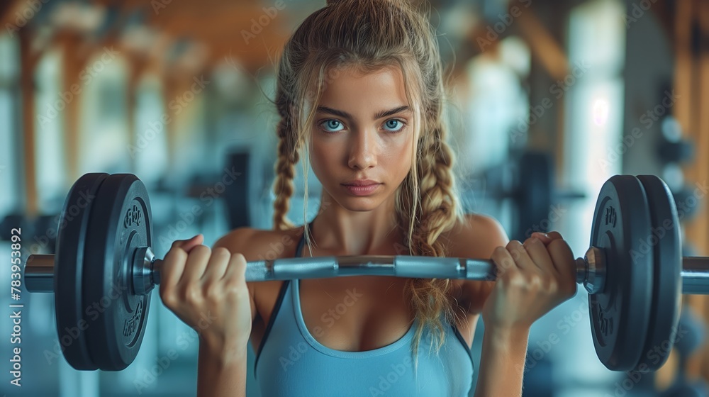 beautiful Young woman lifting weights in gym wide-angel full body shot ...