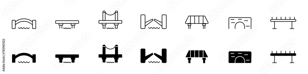 Bridge icons, viaduct arches over river bridges, vector symbols ...