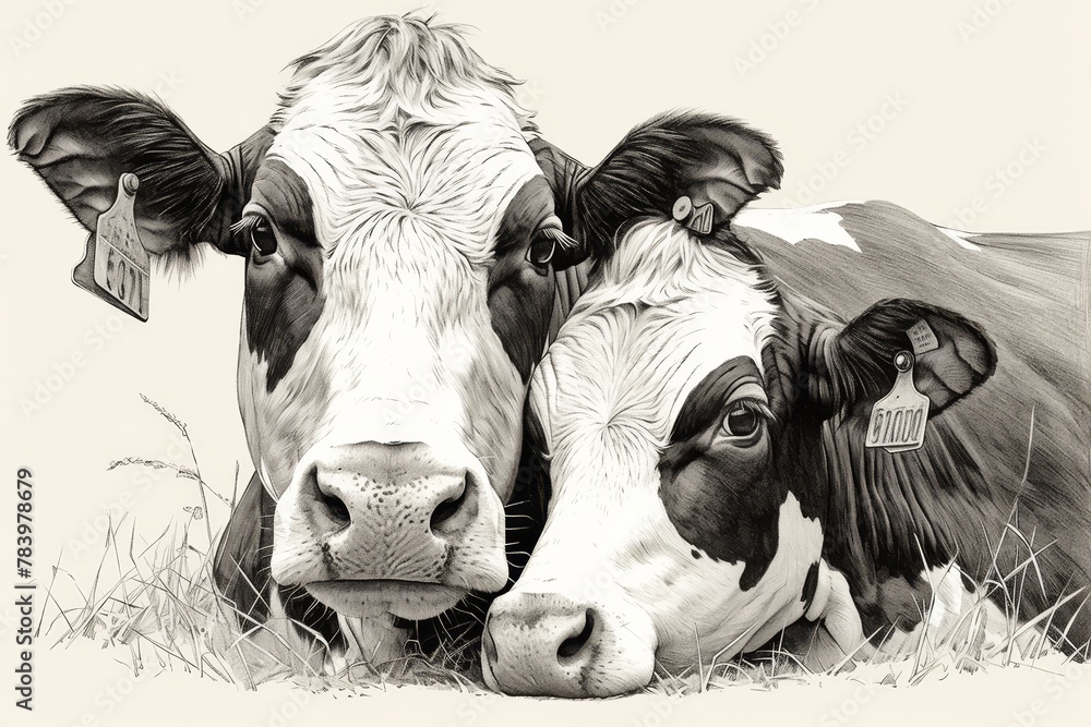 Two cows, vector graphics, simple drawing style, black and white color ...