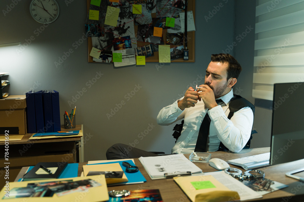 Private investigator lighting up a cigarette while trying to solve a ...