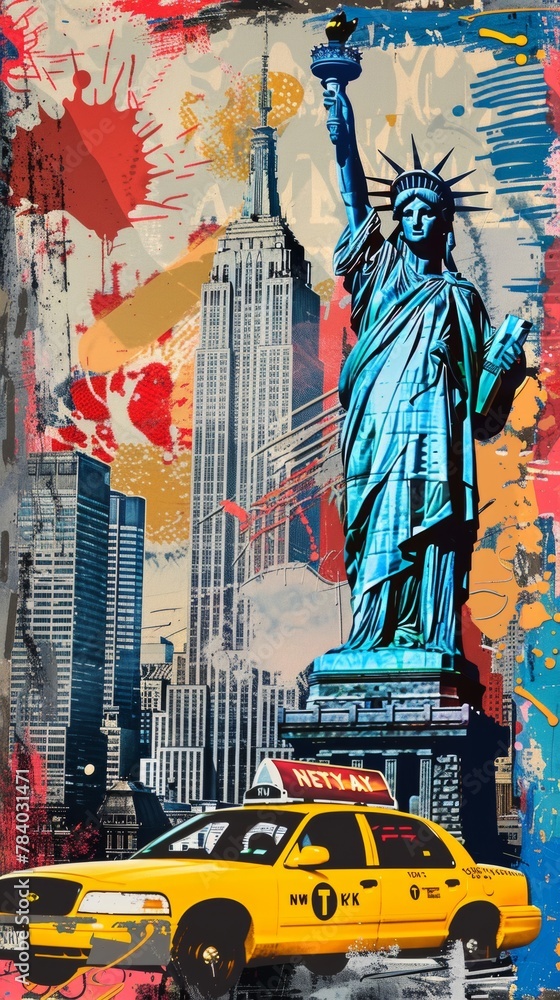 Pop art collage of iconic New York City landmarks: the Statue of ...