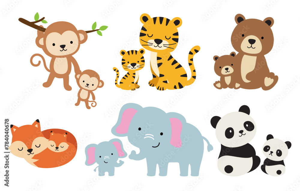 Vector de Stock Mom and baby animals vector illustration set. Wild ...