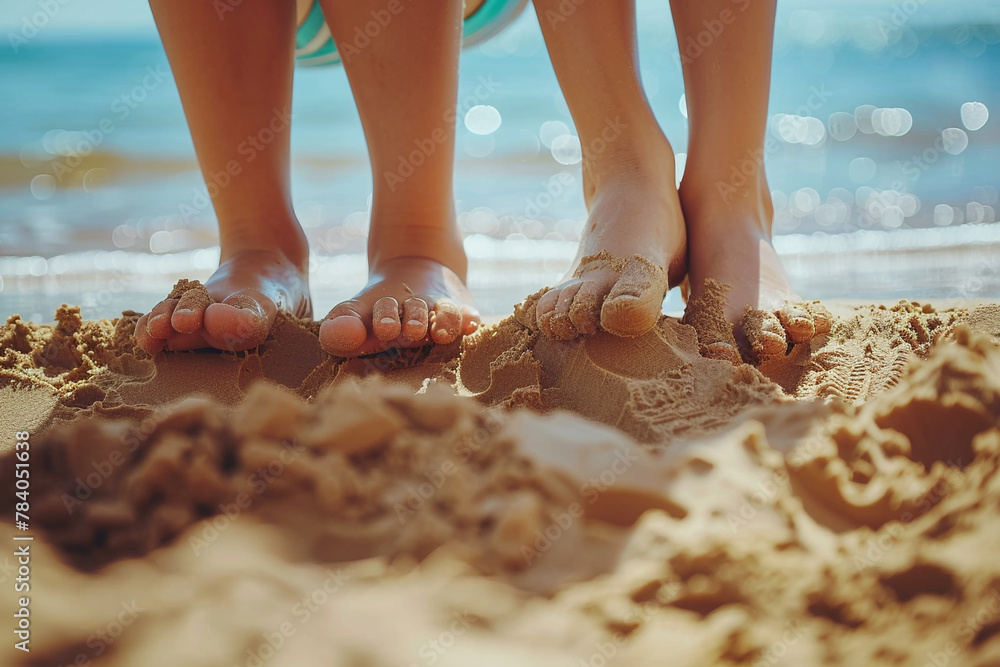 A cute sister and brother's feet building a sand sculpture at the beach ...