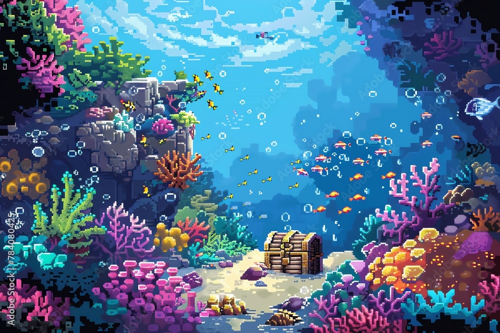Illustrate a magical underwater world in digital pixel art, featuring ...