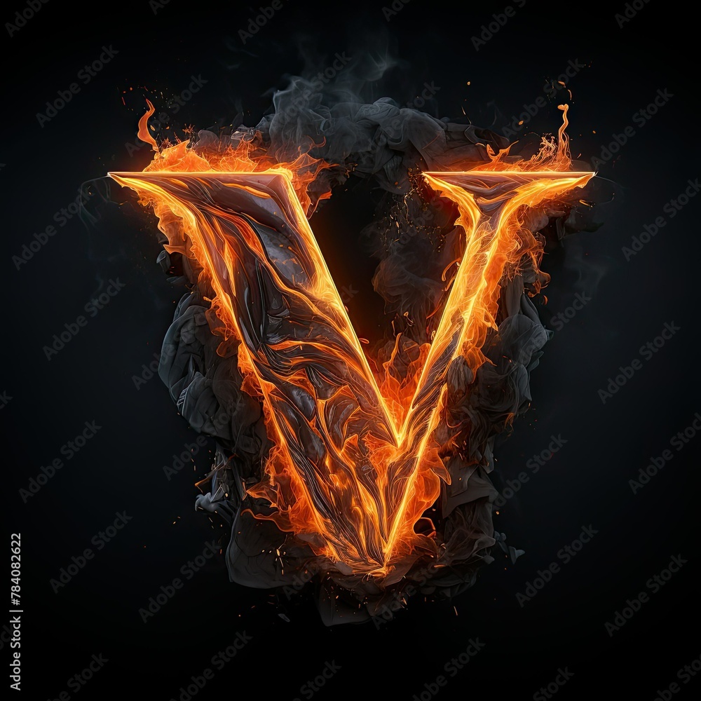 Lava letter V. Fiery stone alphabet font. Burning stone with orange ...