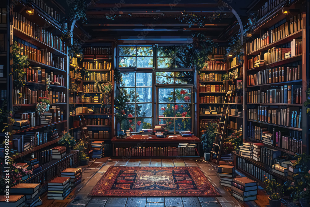 enchanting home library with wooden shelves filled with books, a cozy ...