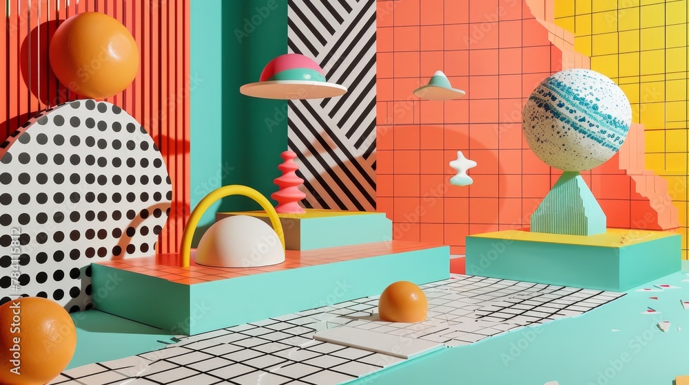 D renderings of flying objects in a unique Memphis-inspired color ...