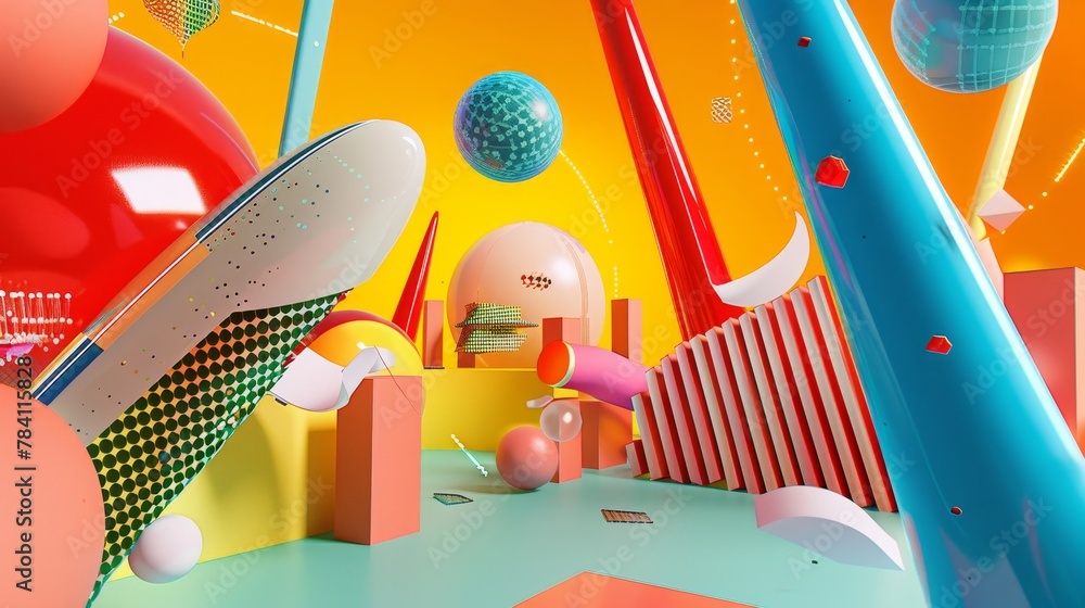 D renderings of flying objects in a unique Memphis-inspired color ...